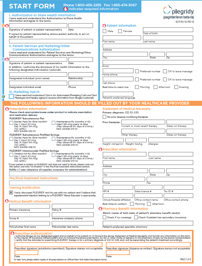 Start Form PLEGRIDY peginterferon Beta 1a Start Form PLEGRIDY peginterferon Beta 1a